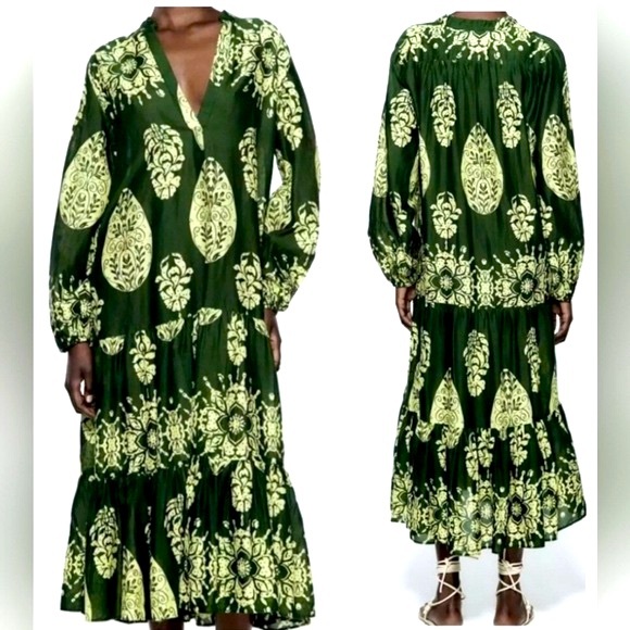 Zara | Dresses | Zara Dark Green Bishop Sleeve Vneck Dress Size L ...